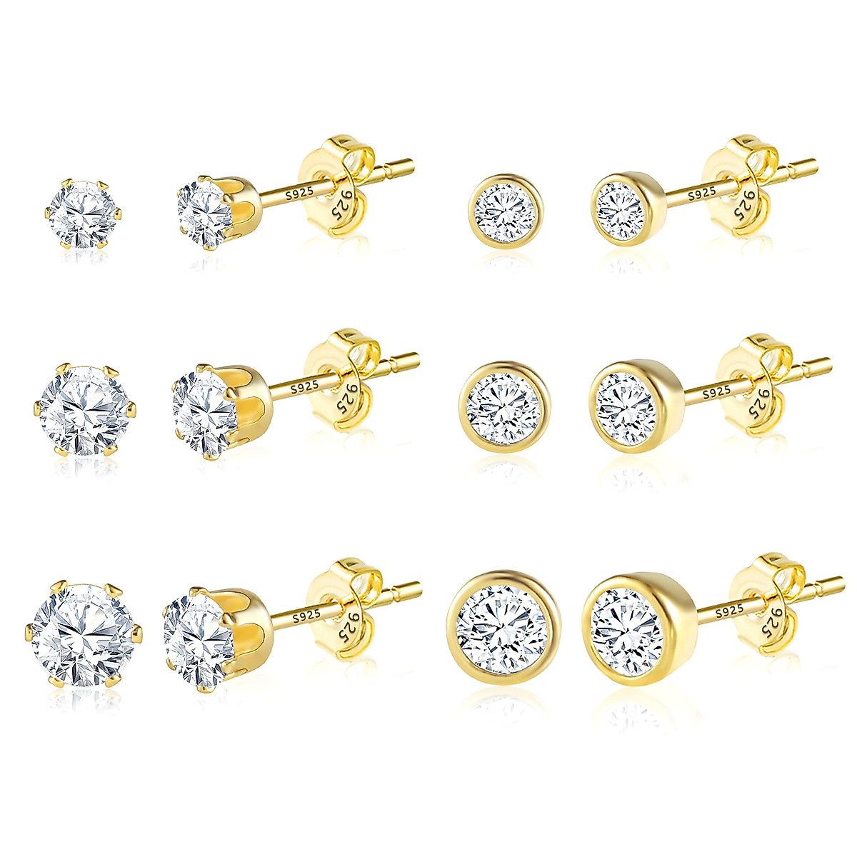 Gold Cubic Zirconia Earrings Studs for Women 14K Gold Plated Stud Earrings Set Hypoallergenic Tiny Studs for Girls（6 Pairs）