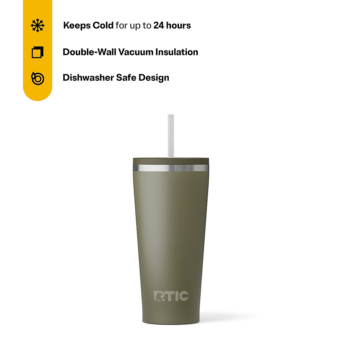 RTIC 20oz Everyday Tumbler Insulated Stainless Steel Portable Travel Coffee Cup with Straw, Spill-Resistant Lid, BPA-Free, Hot and Cold Drink, Ceramic Lining, Olive