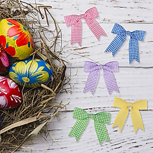 Meseey 50 Pcs 3 Inches Gingham Ribbon Twist Tie Bows Pink/Purple/Blue/Yellow/Green Buffalo Check Ribbon Pretied Bows Premade Craft Bows for Gift Wrapping Basket Wedding Baby Shower Brithday Party