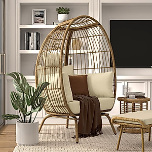 YITAHOME Outdoor Egg Chair, 370lbs Capacity Wicker Patio Basket Chair, All-Weather Oversized Stationary Egg Lounger Chair for Indoor Living Room Outside Balcony Backyard (Beige)