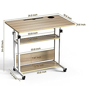 fshihine Portable Desk for Sofa and Bed 31.5"x19.5" Height Adjustable Laptop Table with Wheels, Rolling Small Mobile Standing Home Office Workstation for Small Spaces, Student Study Desk with Storage