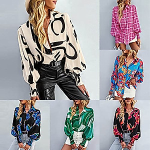 Button Down Shirts for Women Collared Long Lantern Sleeve Loose Fall Blouse Trendy To Wear with Leggings Patterned Autumn Tunic Tops Hawaii Boho Print Elastic Sleeve Summer Leaves Green