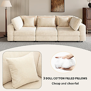 Royard Oaktree Modern Upholstered Sofa with Armrests, 3-Seater Corduroy Fabric Sofa Couch with Removable Back Cushions and 5 Pillows, Comfy Couch for Living Room, Apartment, Studio, Office, Beige