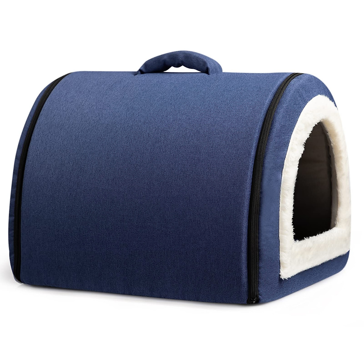 Hollypet Linen Cat Bed, Self-Warming 2 in 1 Foldable Cave House Animal Shape Nest Pet Sleeping Bed, Blue