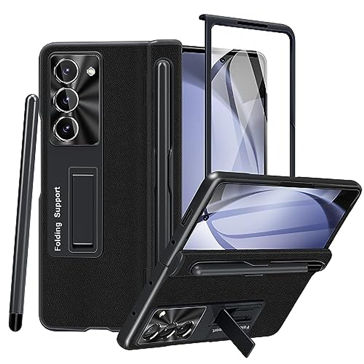 Fingic for Samsung Galaxy Z Fold 5 Case [with S Pen & Built in Screen Protector & S Pen Holder ] Kickstand Hinge Protection Military Grade Drop Tested 360° Full Body Protective Phone Case,7.6"(Black)