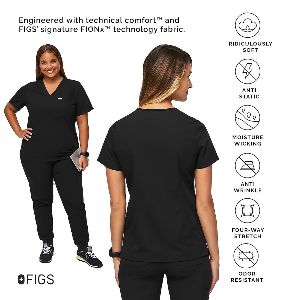 FIGS Catarina One-Pocket Scrub Top for Women — Black, S
