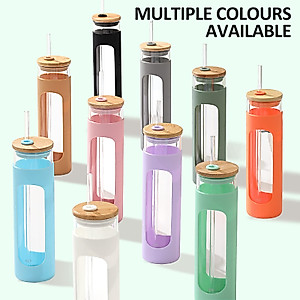 Kodrine 28oz Glass Water Bottles with Straw and Bamboo Lid, Wide Mouth Water Tumbler with Time Marker,Straw Silicone Protective Sleeve BPA FREE-Olive