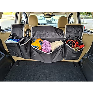 Car Trunk Organizer and Storage, Backseat Hanging Organizer for SUV, Truck, MPV, Waterproof, Collapsible Cargo Storage Bag with 4 Pockets, Car Interior Accessories for Men &Women, Free Trunk Floor