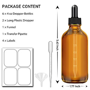 Bumobum 6 Pack, 4 oz Dark Amber Dropper Bottles with Measured Dropper, Glass Eye Dropper Bottle for Essential Oils with Funnel, Labels & Pipette, Droppers for Oils (Unbreakable Plastic Eye Dropper)
