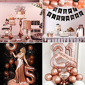 Rose Gold Birthday Decorations, Black Rose Gold Happy Birthday Banner Balloons Tiara Belt Birthday Decor for 16 18 21 30 40 50 60 70 80 Women Girls Birthday Rose Gold Black Party Decorations Supplies
