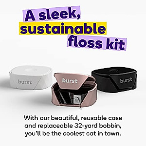 BURST Refillable Dental Floss Dispenser Set - Juniper Berry Scent - Charcoal Coated, Expanding Floss - Stain-Absorbing, Woven Tooth Floss - Rose Gold Case + 32 Yards Charcoal Floss