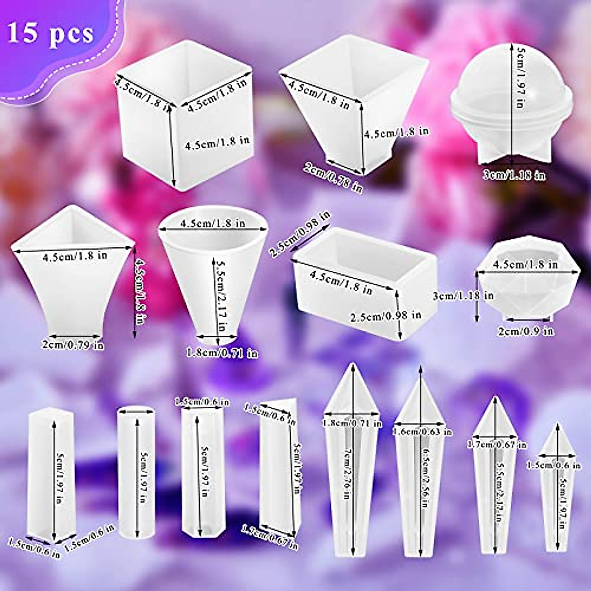 15 Pieces Crystal Resin Molds Pendulum Crystal Molds Include Pyramid Silicone Resin Mold, Round Cone Resin Mold, Sphere, Triangular Cone, Multi-Facet Gemstone Cube Resin Mold for Jewelry Making