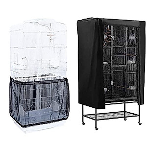 POPETPOP Mesh Birds Cage Seed Catcher + Universal Washable Bird Cage Cover (Black)
