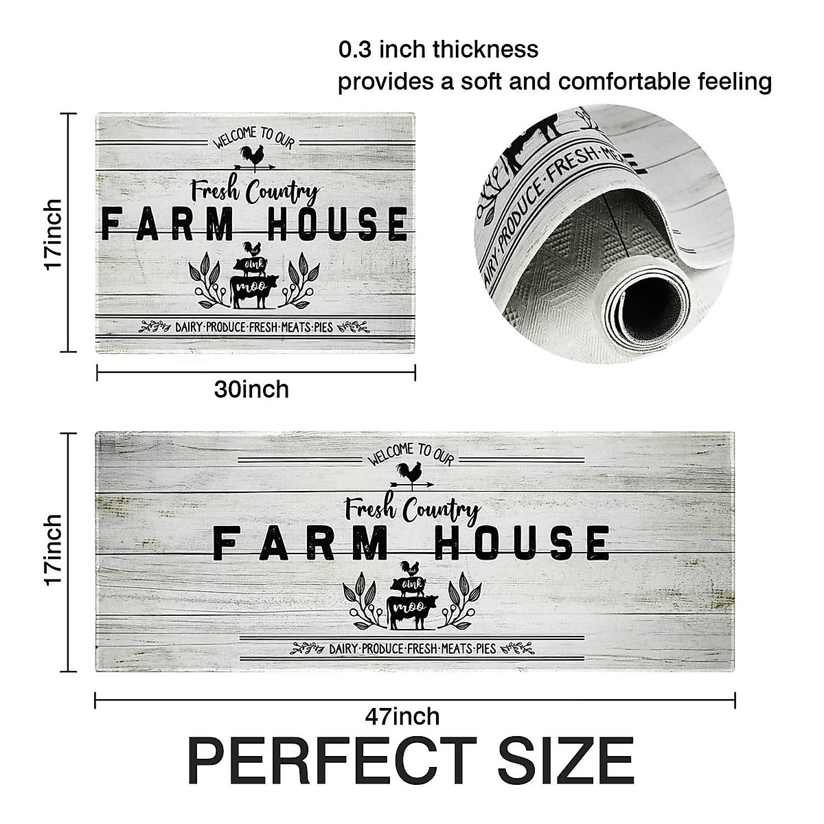 Farmhouse Kitchen Rugs and Mats Farmhouse Style Anti Fatigue Mats for Kitchen Floor Non Slip Kitchen Mat Farm House Waterproof Washable Rug Runner for Kitchen Laundry 17x30+17x47inch