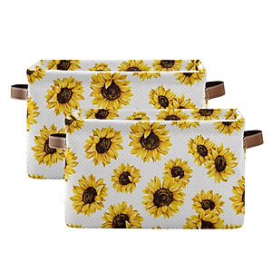 Sunflowers Storage Basket Storage Bin Rectangular Collapsible Storage Box with Leather Handles Nursery Baskets Organizer for Home, Kitchen