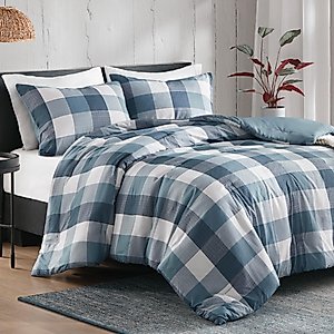 Hyde Lane Plaid Twin Comforter Set for Teen, Farmhouse Comforter Twin Size Bed, Blue and White Comforter, Grid Buffalo Lightweight 3 Pieces Bed Sets Includes 1 Comforter, 1 Shams (66 x 90 Inch)