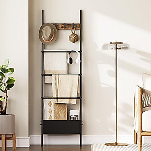 YATINEY Blanket Ladder, 5-Tier Towel Ladder with Hooks and Basket, Wall-Leaning Blanket Holder, Display Towel Rack Shelf, for Living Room, Rustic Brown and Black CJ02BR