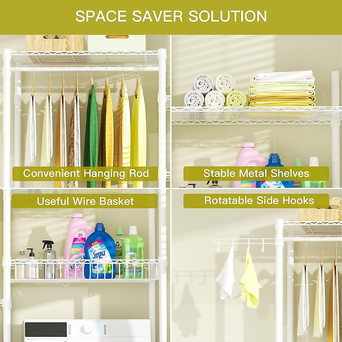 Ulif Clothes Drying Rack, Over Washer and Dryer Laundry Room Storage Shelf, Bathroom Towel Rack Space Saver with Adjustable Shelves, Wire Basket, and Rotatable Hooks, 63.4"L x 13.4"D x 76.7"H, White