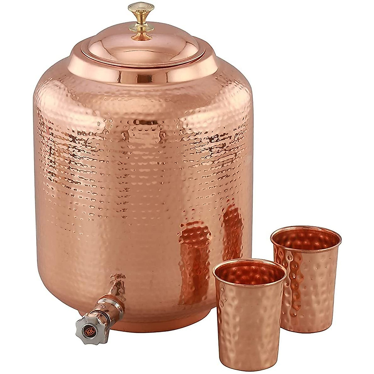 Golden Drops Pure Hammered Copper Water Dispenser with Tap & Stand Matka Water Jug Copper Pot 5 Liter With 2 Copper Hammered Water Glasses, Brown, Dispenser - 5 liter