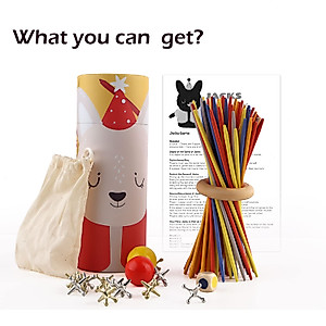 ATOSHP Jacks Game and Pick Up Sticks, 12 Metal Jax and 60Pcs Wooden Sticks with Storage Box