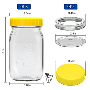 Brajttt Mouth Mason Jars 9 Pack Glass Jars with Lid and Bands,32 oz Large Mason Jars for Food Storage,Pickling,Dry Food,Snacks,Candies,Jam,Honey,Jelly
