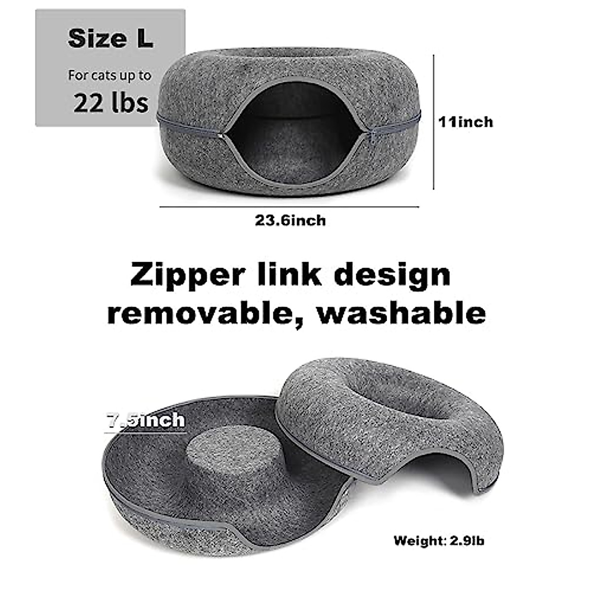 Large Cat Tunnel Bed for Indoor Cats with 3 Toys, Scratch Resistant Donut Cat Bed, for Cats up to 22 Lbs (L(24x24x11), Dark Grey)