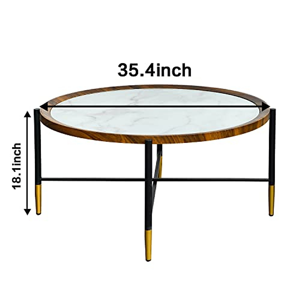 Round Coffee Table, 35in Modern Living Room Accent Side Tea Table with Marbling Glass Top, Black Gold Metal Legs Industrial Sofa Center Table for Dining Room with Wood Top Frame