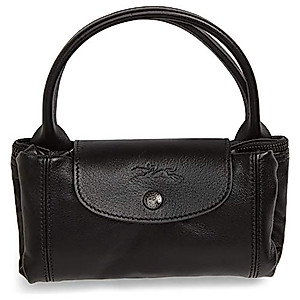 LongChamp Women's Le Pliage Black Leather Top Handle Leather Tote Handbag Medium
