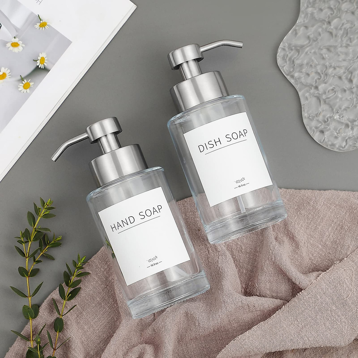 Foaming Soap Dispenser Set, 12 Oz Glass Hand Soap Dispenser with 304 Rust Proof Stainless Steel Pump, Waterproof Labels, for Bathroom Decor Kitchen College Dorm, Clear Silver Pump 2 Pack