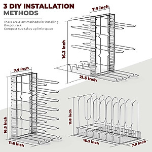 Vdomus Pot Rack Organizer with 3 DIY Methods, Black Metal Kitchen 8+ Pots Holder, Height and Position are Adjustable Cabinet Pantry Pot Lid Holder (Upgraded)