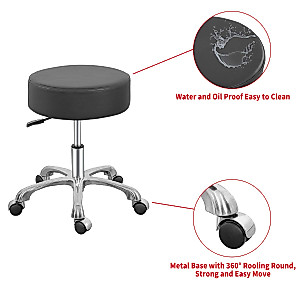 Lilfurni Swivel Rolling Stool Round Chair,Thick Sturdy Padding,Adjustable Stool with Wheels for Doctor,Medical,Massage Salon,Office,Shop(Black) (no Back, Black)