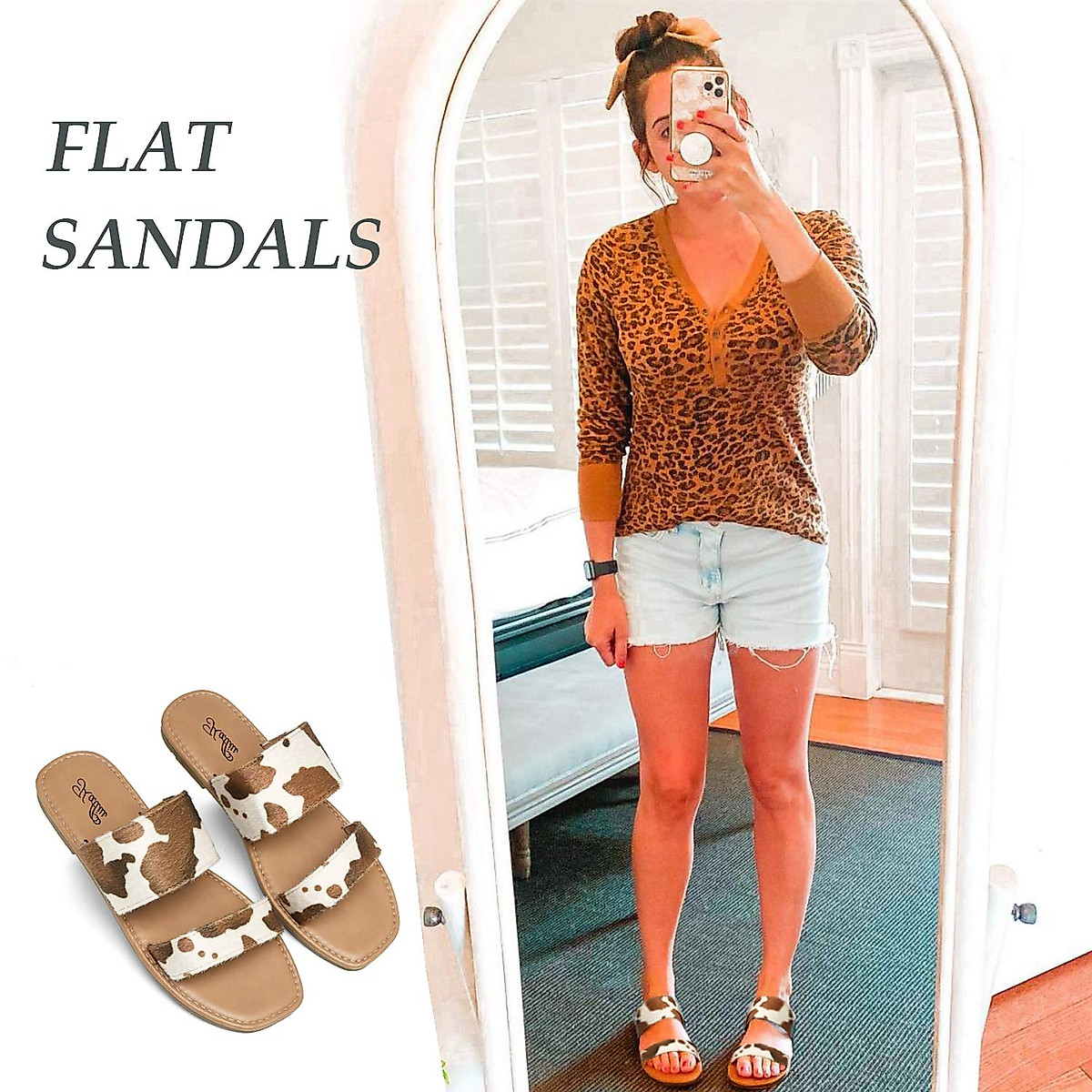 katliu Women's Flat Sandals Two Strap Slide Sandals Open Toe Cow Print Brown 8