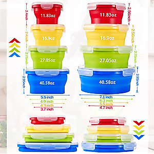 Mimorou 8 Pack Collapsible Food Storage Containers Silicone Lunch with Lids, 4 Pcs Rectangle Bowls and Round Bowls, Microwave Freezer Dishwasher Foldable