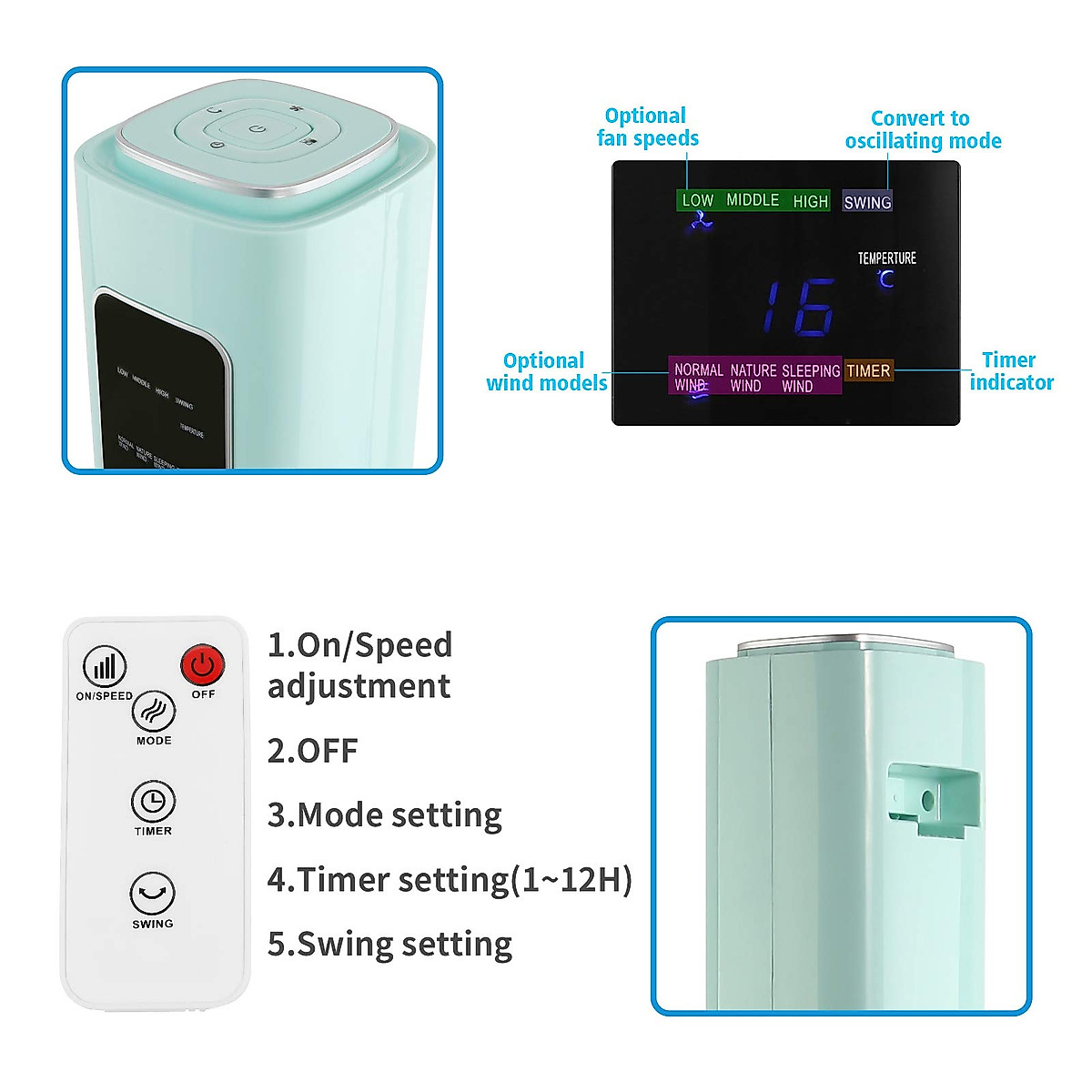 R.W.FLAME Tower Fan with Remote Control, Standing fan for office, Oscillating fan for home with children/pets/elders, Time Settings,LCD display,45W, Oscillation, 47", Green