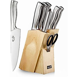 SIXILANG Knife Set, 8 Piece German Stainless Steel Hollow Handle Manual Knife Sharpener Forged Kitchen Knives Set with Oak Wooden Block Gift
