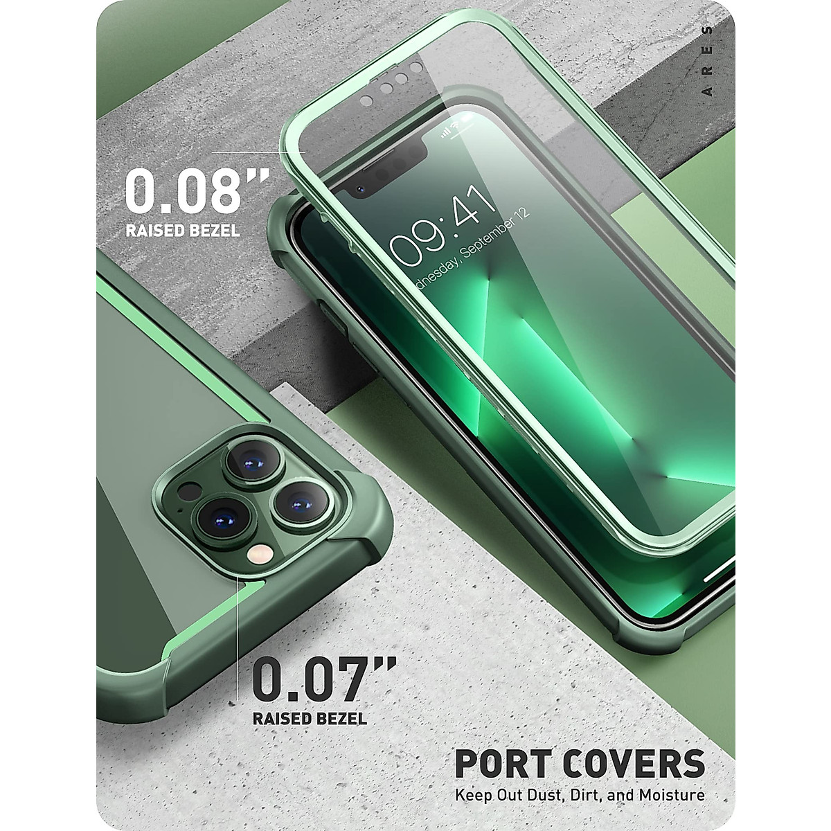 i-Blason Ares for iPhone 13 Pro Max Case 6.7 inch [Built-in Screen Protector] [Military-Grade Protection] Clear Full-Body Shockproof Rugged Bumper Phone Case for iPhone 13 Pro Max (Alpine Green)