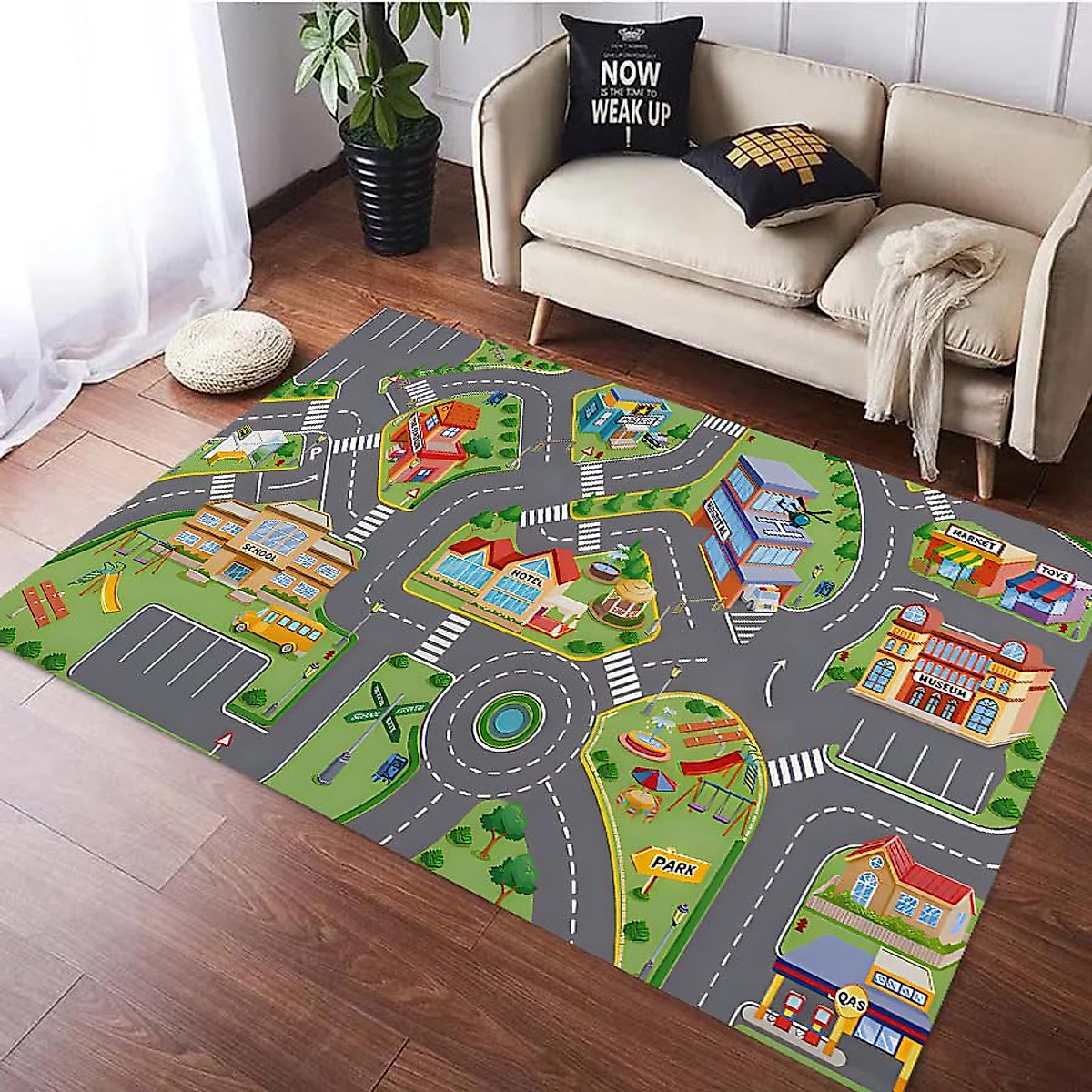EVSOFMLF Road Play Map City Car Vehicle Traffic Educational Learning & Fun Game Area Non Slip Boy & Girl Kids Rug Carpet for Children Bedroom, Toddler Classroom & Baby Playroom Mat(Traffic 39*60 inch)