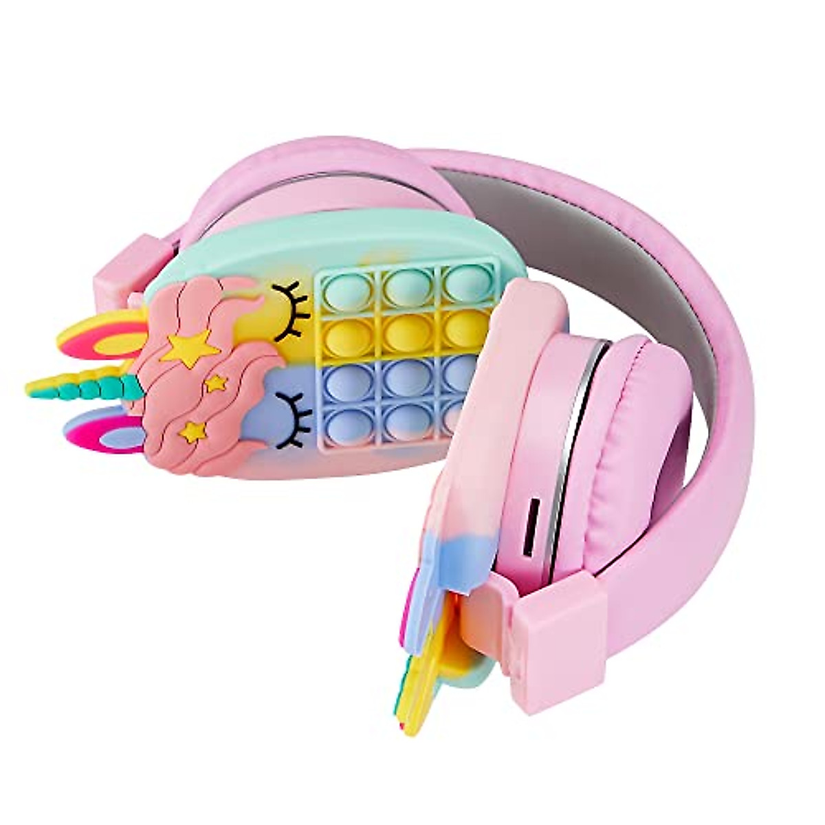 Wireless Bluetooth Noise Cancelling Over-Ear Headphone Silicone Fidget Pop Built-in Mic On-Ear Stereo Headset for Smartphone Tablet Computer (Pink Unicorn)