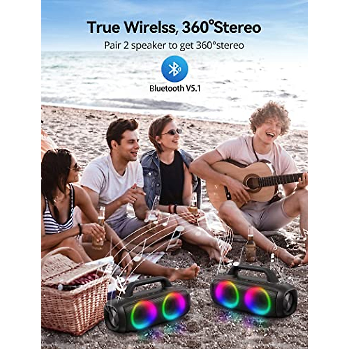 Uoudio 80W Bluetooth Speakers, IP67 Waterproof Wireless Speakers with RGB Lights, Rich Bass, 360° Stereo Sound, Built-in Mic Port, 12H Playtime, Portable Outdoor Speakers for Party Travel Beach