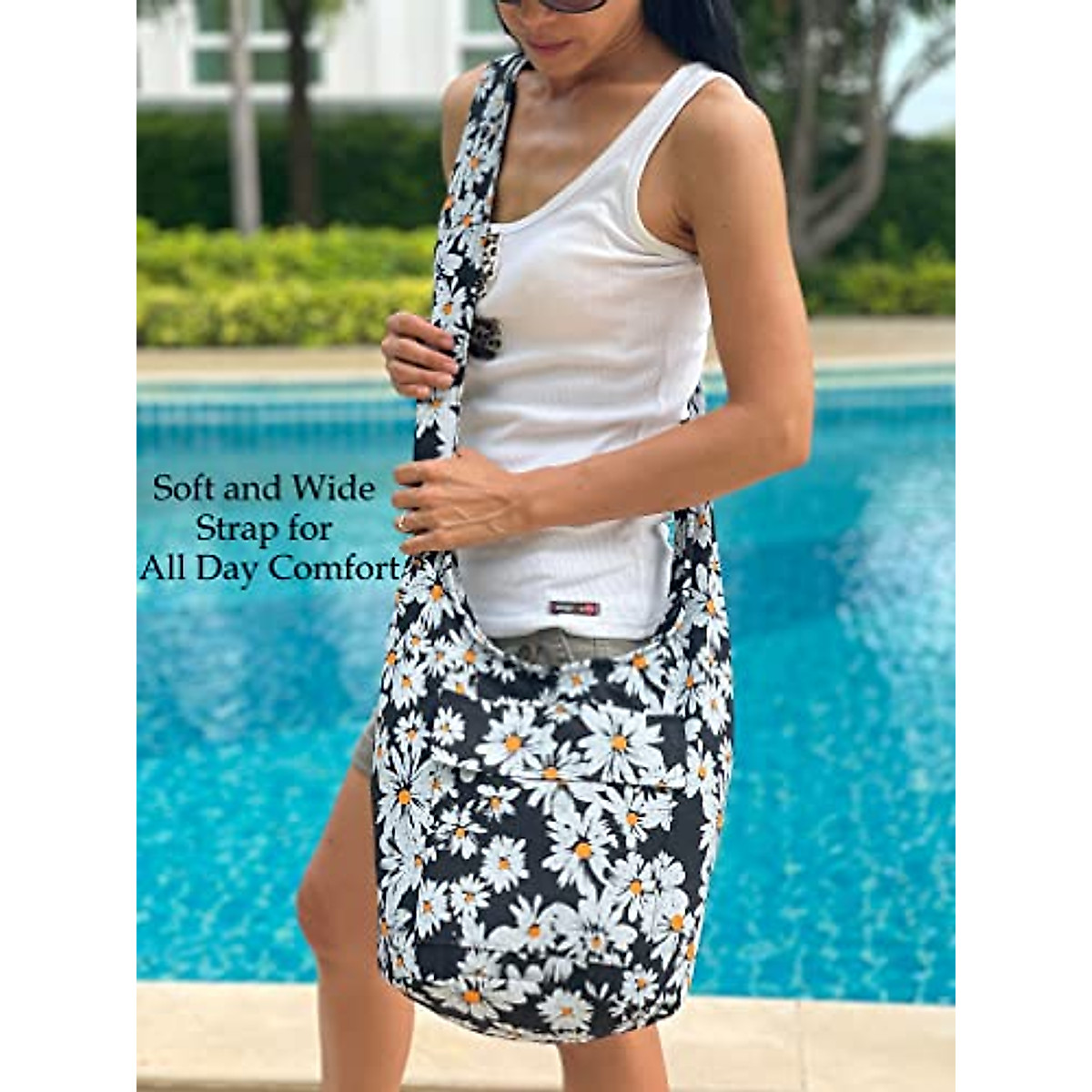 FULLY LINED Daisy Print Crossbody Bag with Front Phone Pocket - Floral Boho Shoulder Purse - Medium