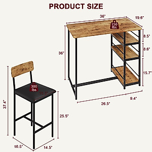 IDEALHOUSE Kitchen Table Set, Dining Table and Chairs for 2 with Storage Shelf, Dining Room Table Set with 2 Upholstered Chairs, Bar Dining Table Set for Small Spaces, Apartment, Rustic Brown