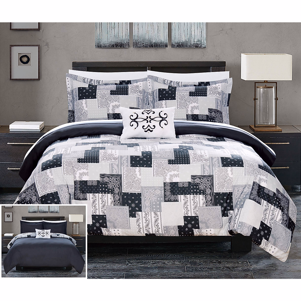 Chic Home Utopia 4 Piece Reversible Duvet Cover Set Patchwork Bohemian Paisley Print Design Bedding-Decorative Pillow Shams Included, King, Black