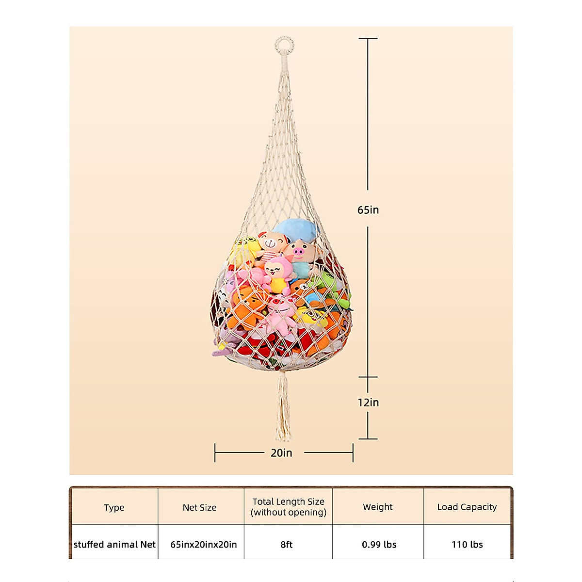 Extra Large Stuffed Animal Storage Net or Hammock, Single Hook Display Large Plush Toy! Ceiling Hanging Stuff Animal Hanger with Swag Hook, Corner Toy Storage Organizer for Kids Bedroom Playroom (Cream)