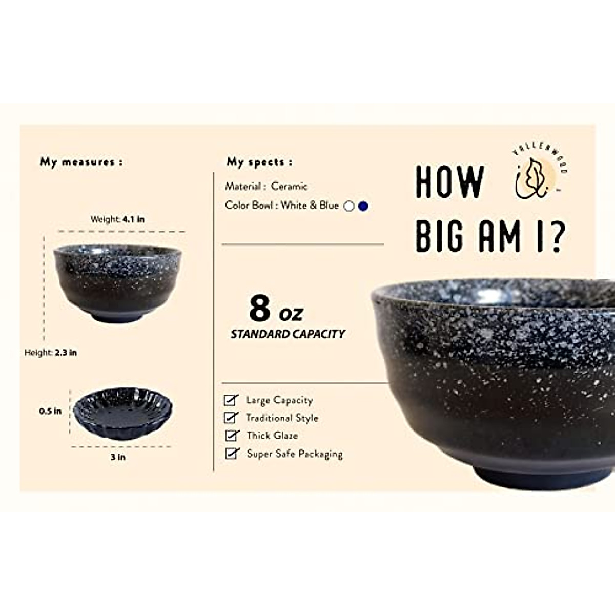 8 Pieces Japanese Fuji Blue Style. 4 Ceramic Miso & Rice Bowls Set Plus 4 Small Soy Sauce bowl Plates Included. 8 oz. Japan, Korean & Chinese. Portion Control Ramen Soup Capable. (Dark Blue, 4.1in x4)
