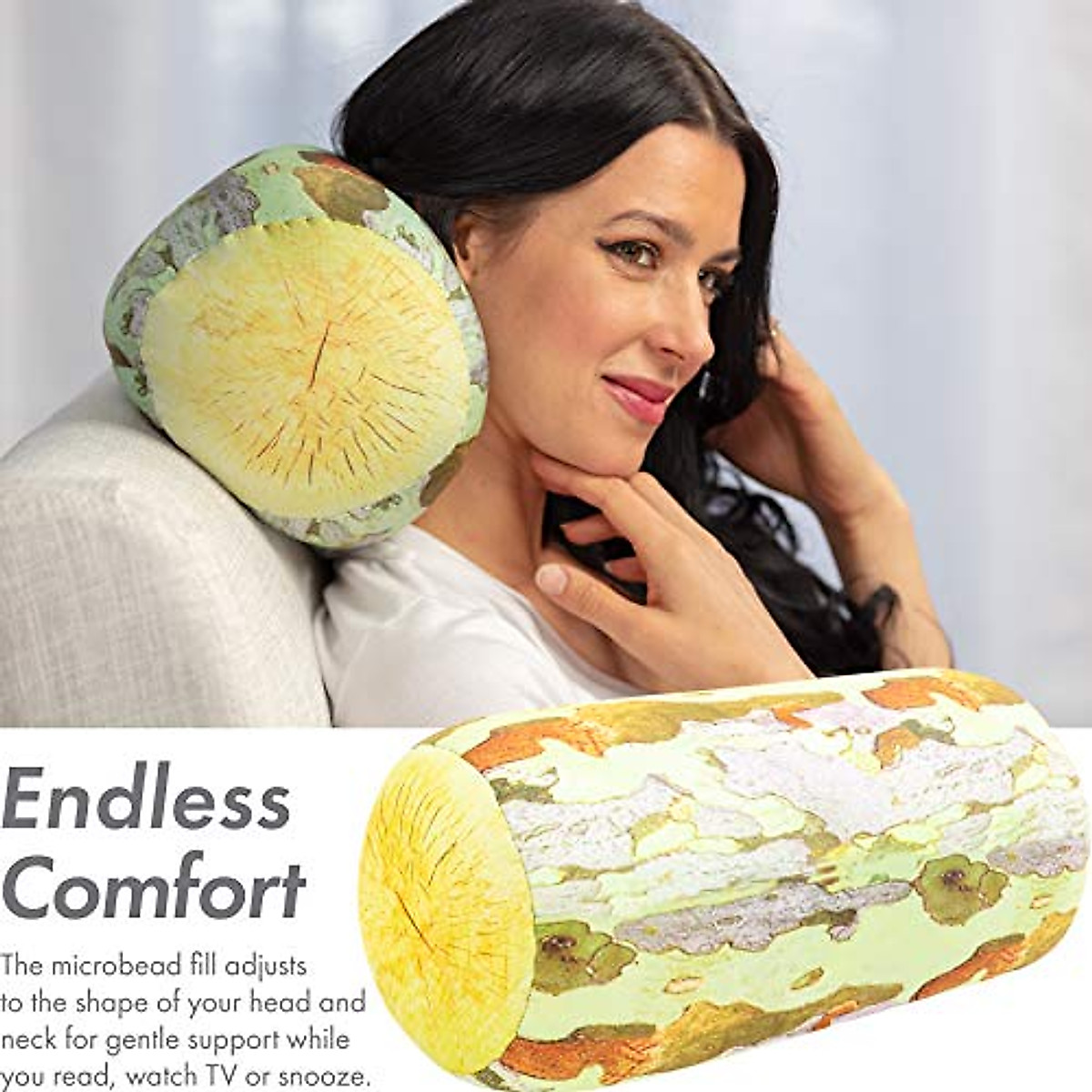 PILLOWY Microbead Log Roll Pillow - Bolster Tube Pillow Cushion Perfect Therapy Pillow - Airy Squishy Soft Bead Bag Bed Room Decoration, Neck Pillow Back Head Body Support, 14" X 8", Forest