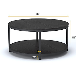NSdirect 36 inches Round Coffee Table, Rustic Wooden Surface Top & Sturdy Metal Legs Industrial Sofa Table for Living Room Modern Design Home Furniture with Storage Open Shelf (Black)