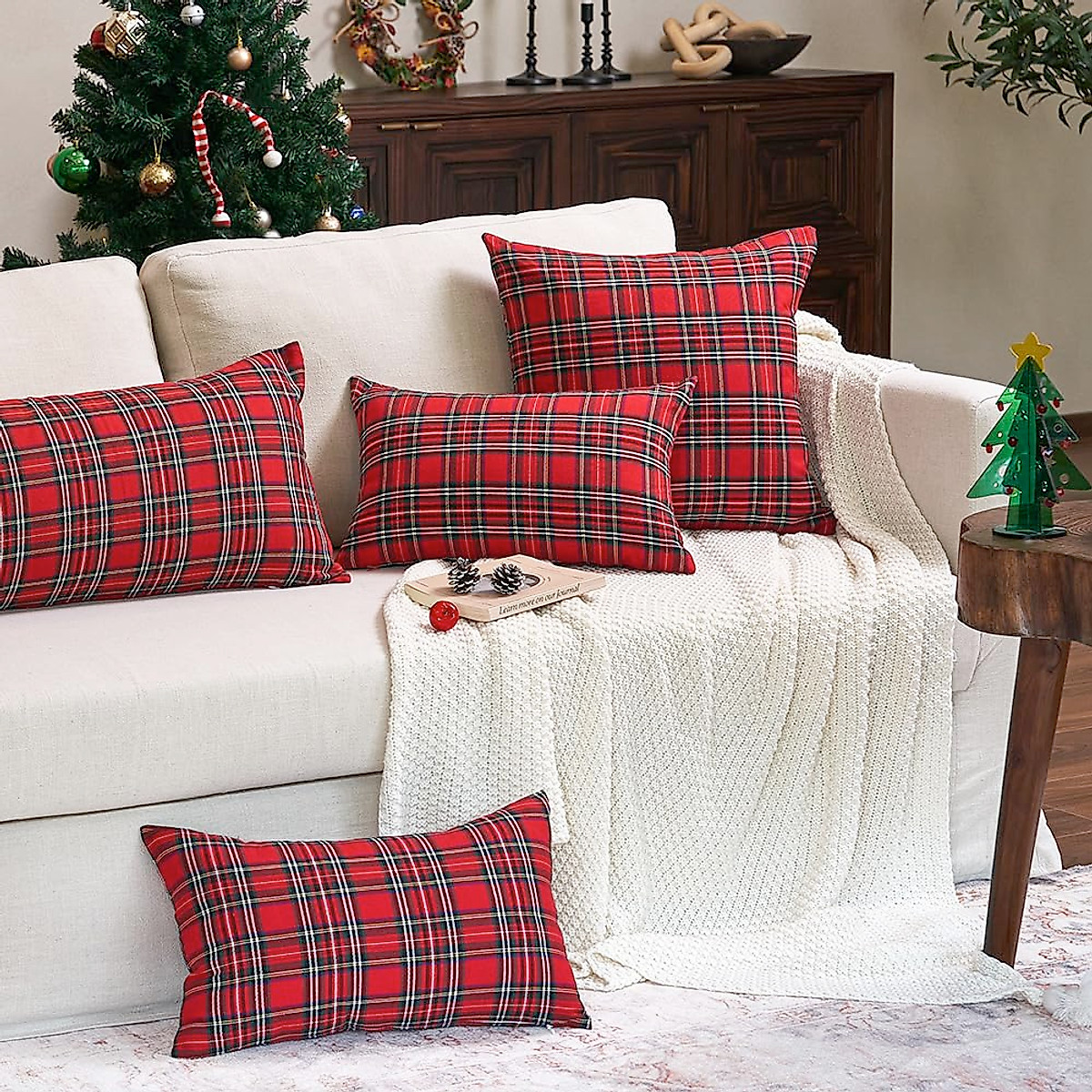 CARRIE HOME Red Tartan Plaid Christmas Lumbar Pillow Covers 12x20 Set of 2 Red Scottish Christmas Lumbar Throw Pillows Traditional Christmas Decor for Living Room Couch Sofa