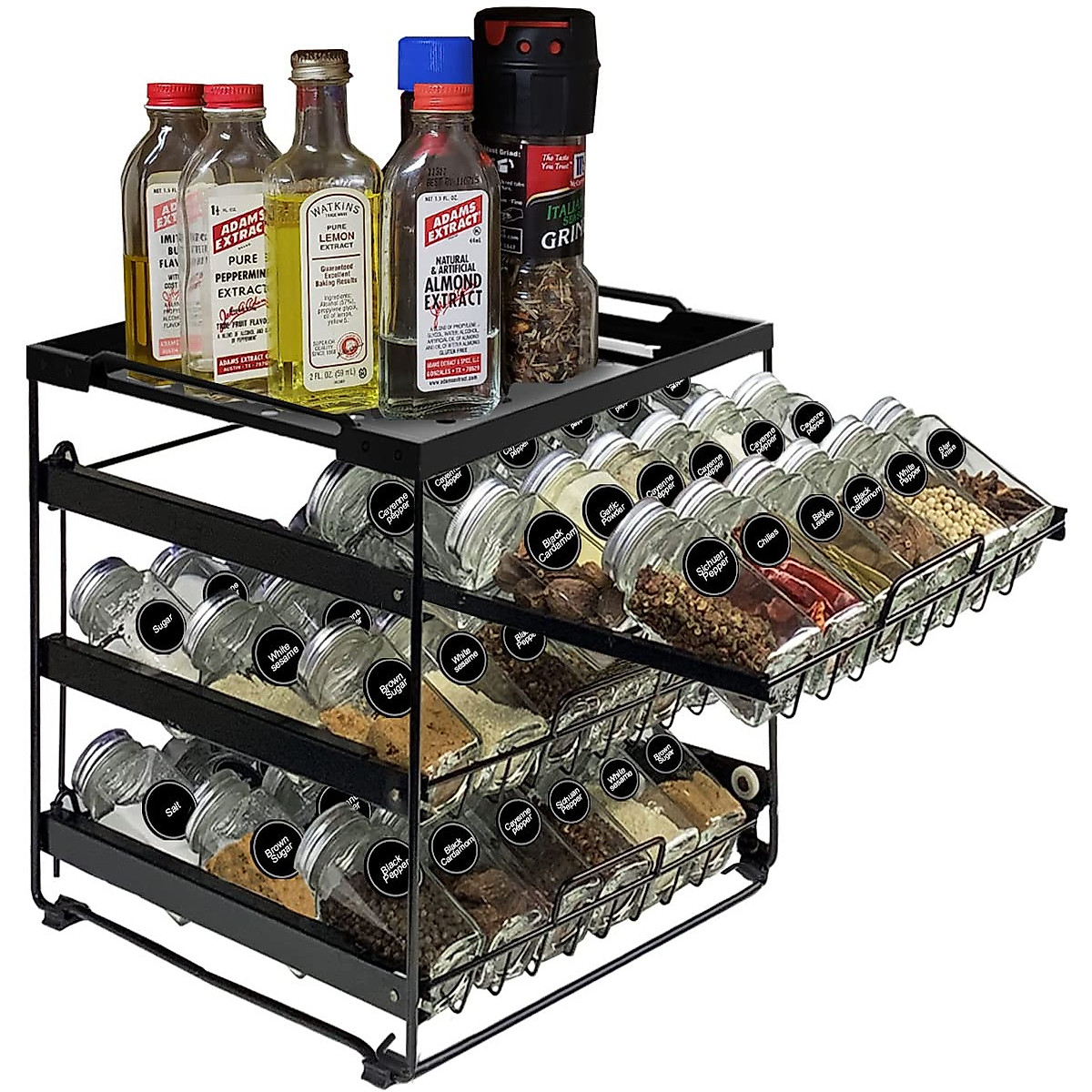 Artibear Spice Rack Organizer with Mesh Drawer for Kitchen Cabinet, 3-Tier Seasoning Storage Holder for Pantry Countertop, Matte Black (Jars Not Included)
