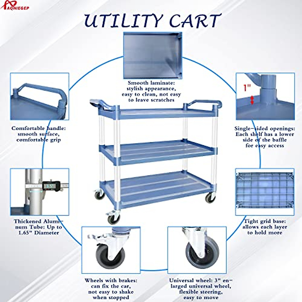 AQNIEGEP Utility Carts with Wheels Food Office Restaurant Rolling Cart 510lbs Capacity, Lockable Wheels, Rubber Hammer 16.5" x 31.5" x 39.5"