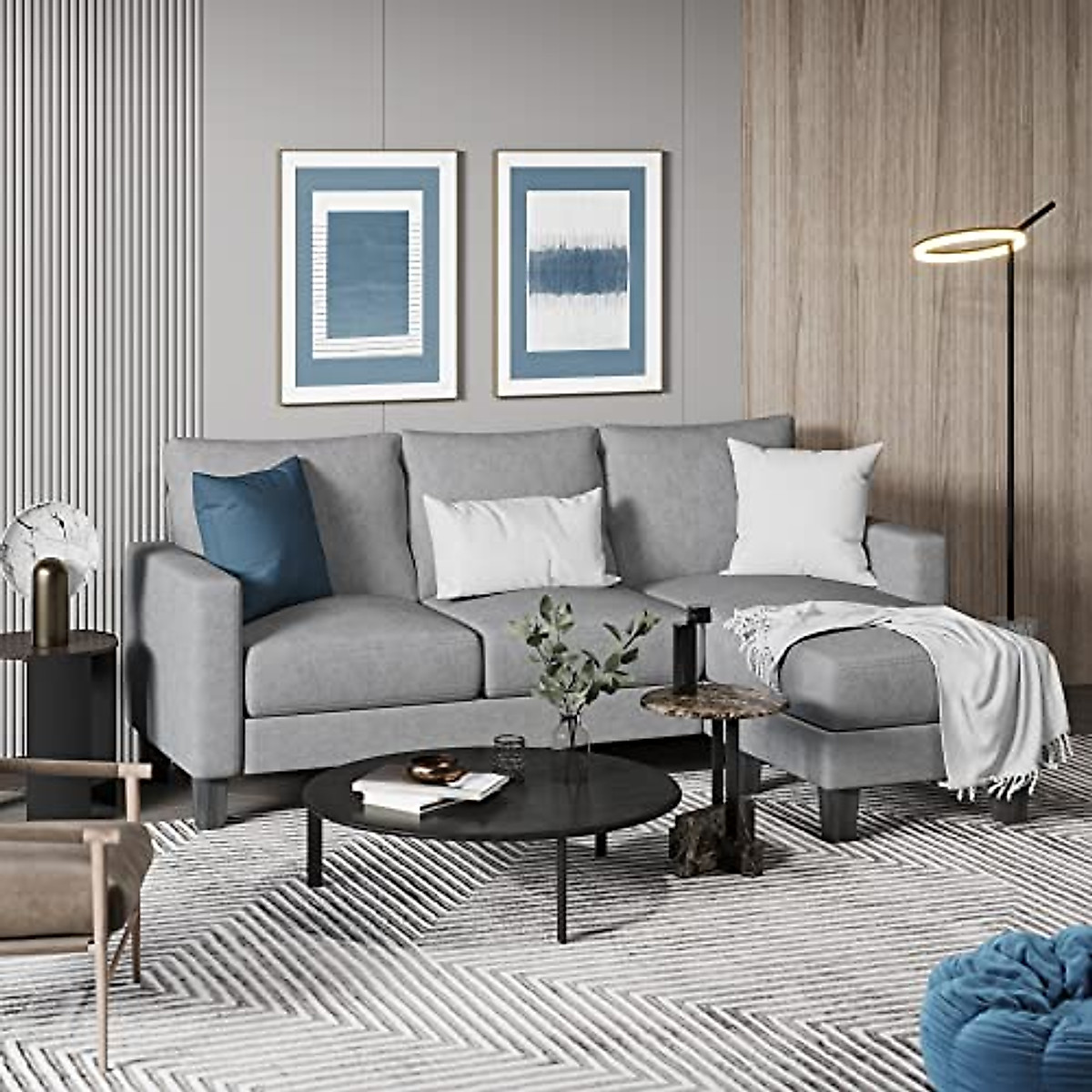 YESHOMY Convertible Sectional 3 L-Shaped Couch Soft Seat with Modern Linen Fabric, Small Space Sofas for Living Room, Apartment and Office, 70'', Gray